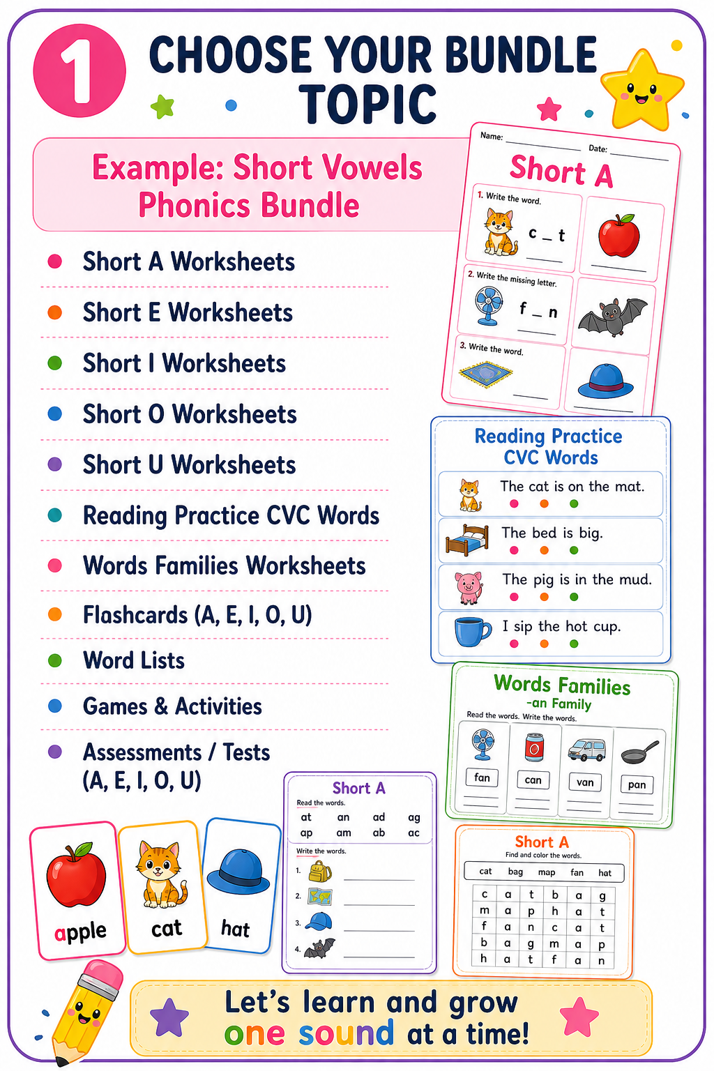 CVC Short Vowel Bundle (A E I O U) | 80+ Printable Phonics Worksheets ...