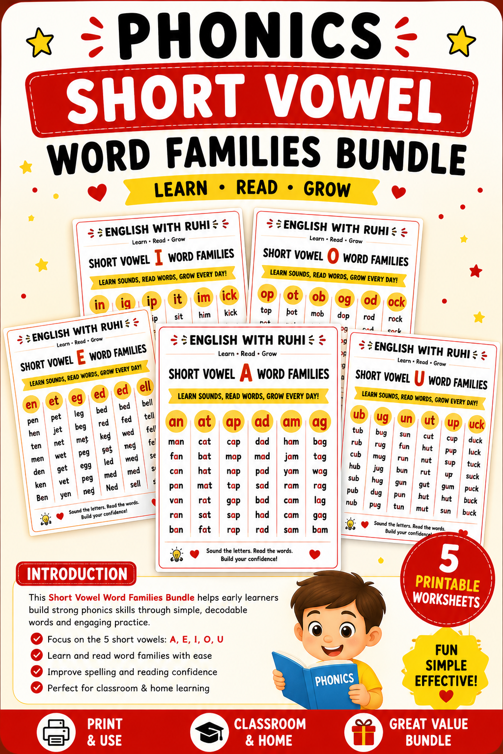 CVC Short Vowel Bundle (A E I O U) | 80+ Printable Phonics Worksheets ...